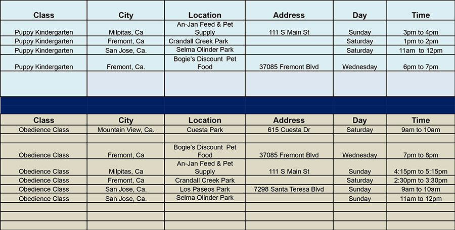 Class Schedule in Fremont, CA | The American Canine Institute